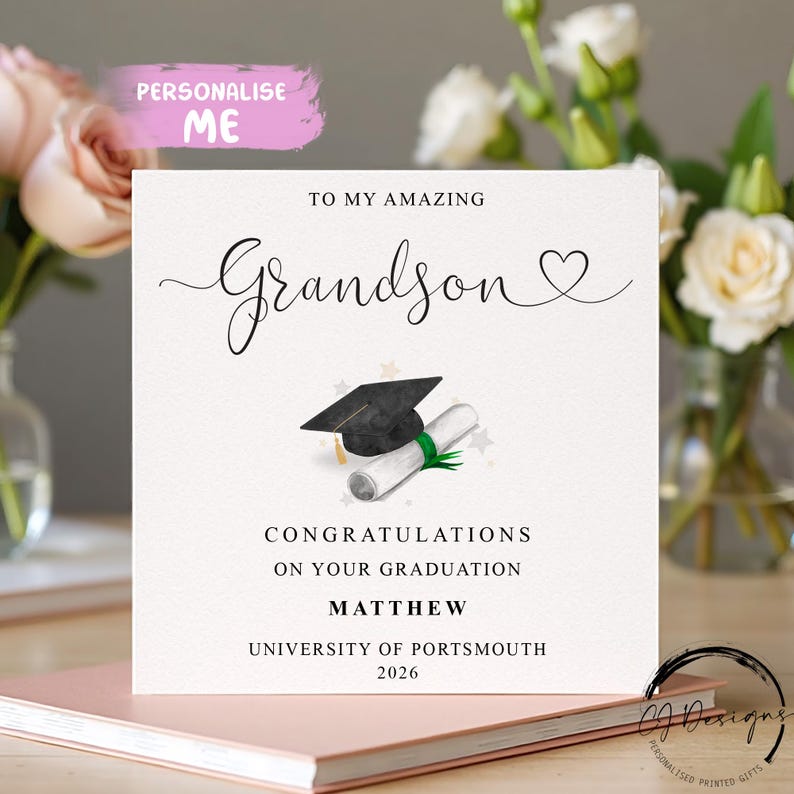 Personalised Grandson Graduation Card- Cap & Blue Ribbon Scroll- Name ...