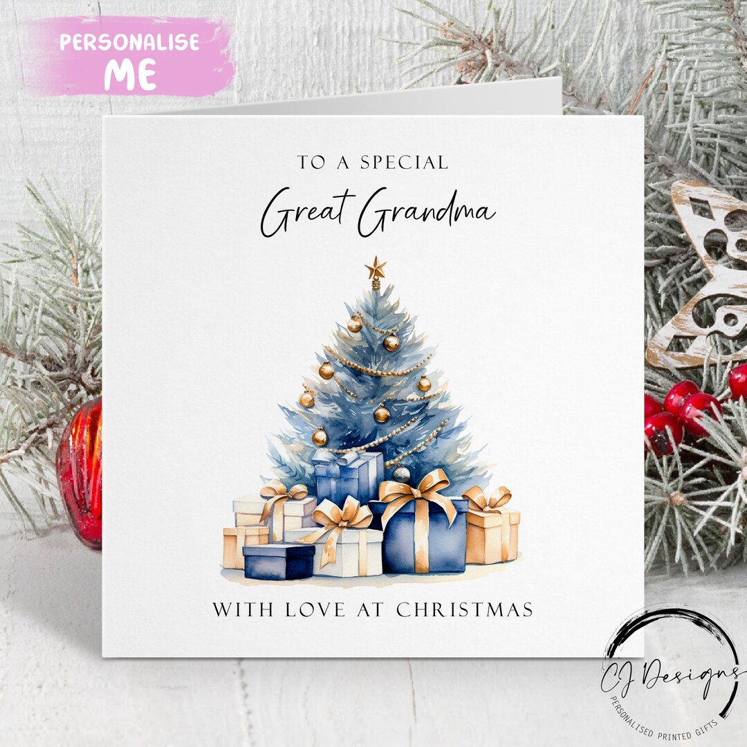 Great Grandma Christmas Card Blue and Gold Theme Trees and Gifts ...