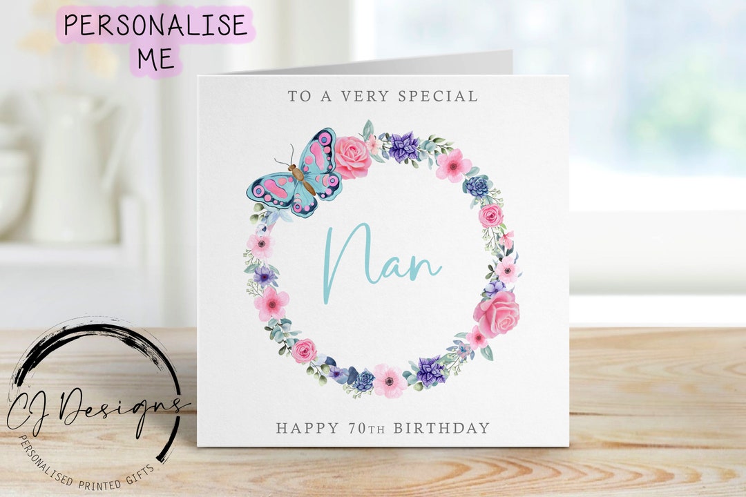 Personalised Nan Birthday Card -floral Butterfly Wreath - Any Age/name ...