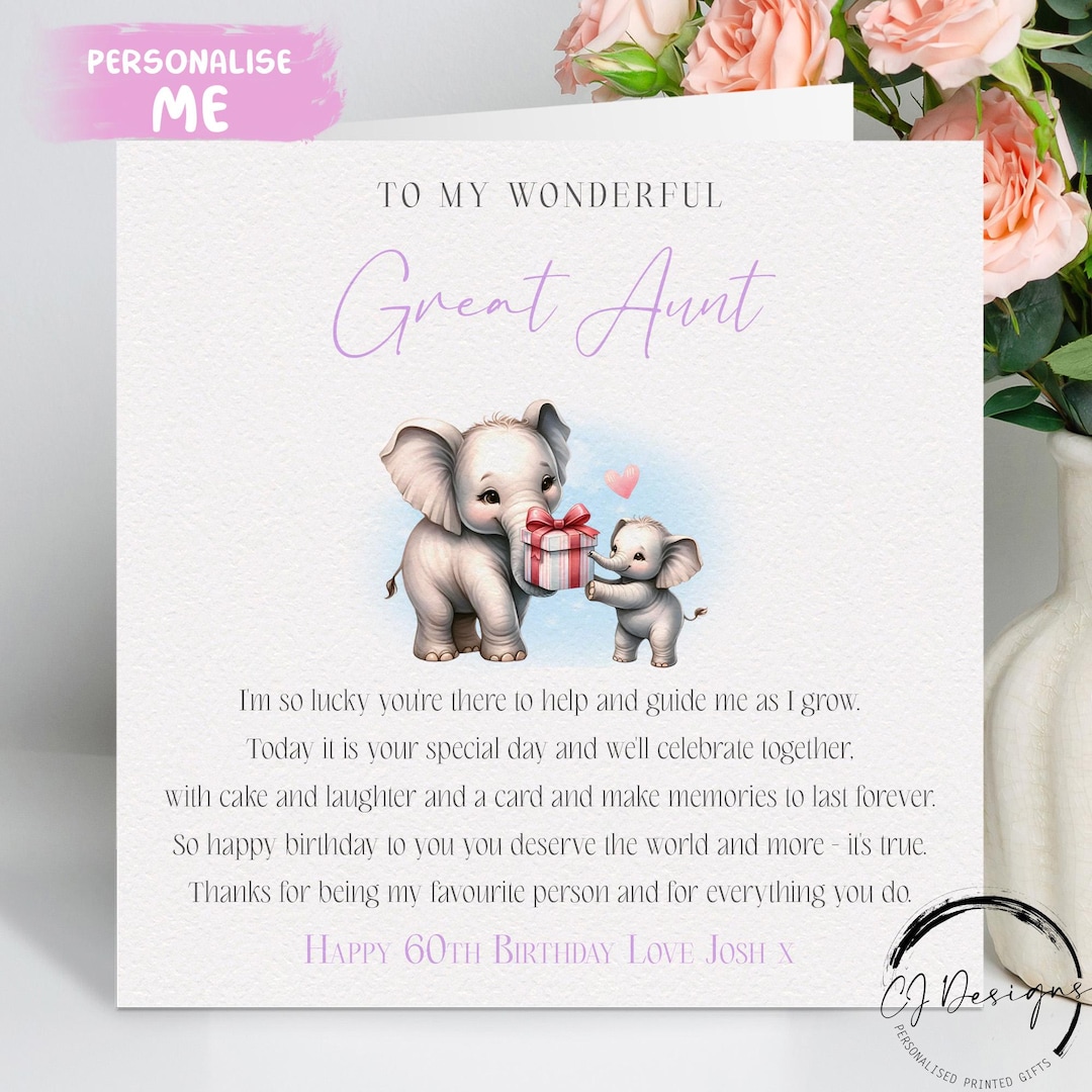 Personalised Great Aunt Birthday Card- Elephant First Birthday as My ...