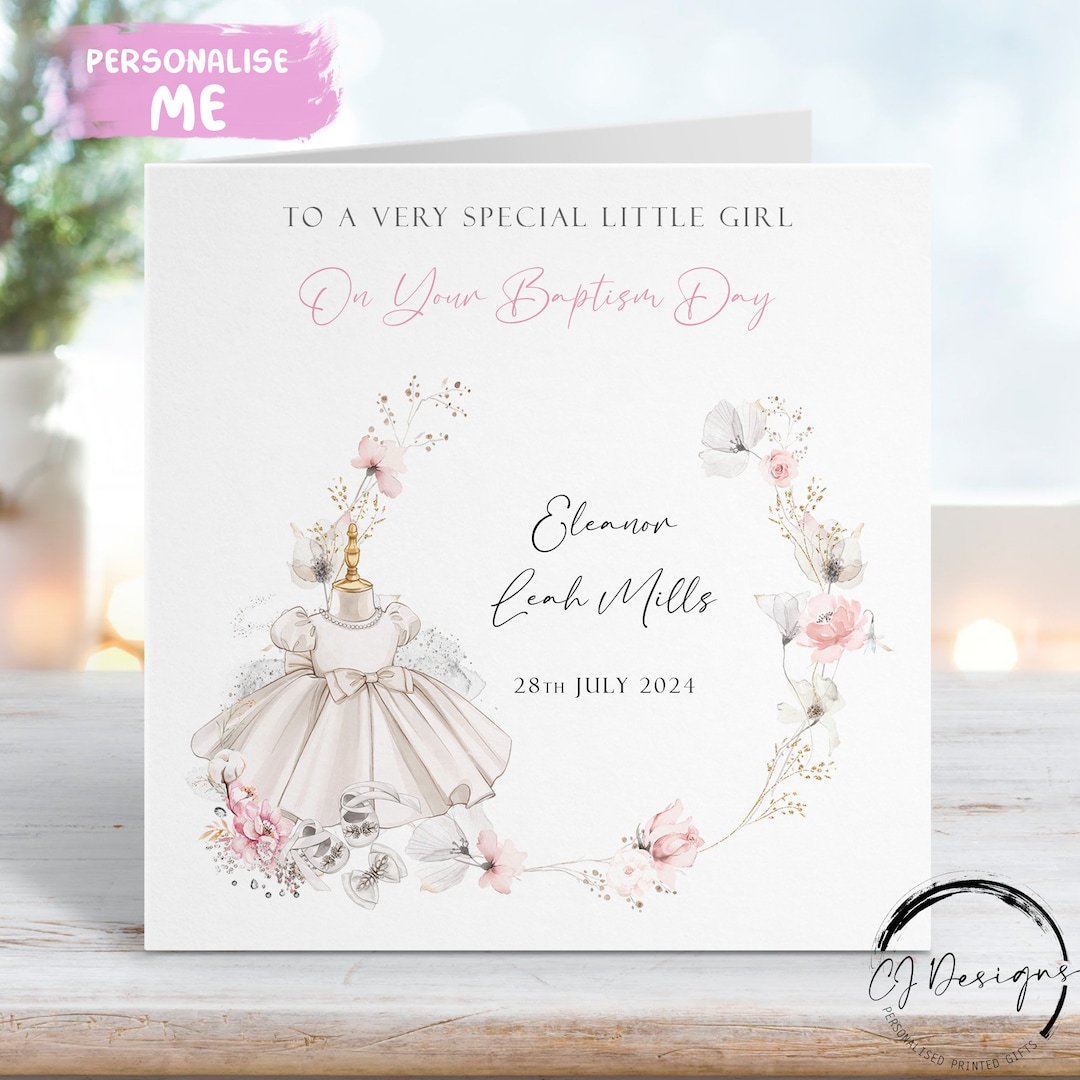 Personalised Little Girl Baptism Card, Floral Wreath- Name and Date ...