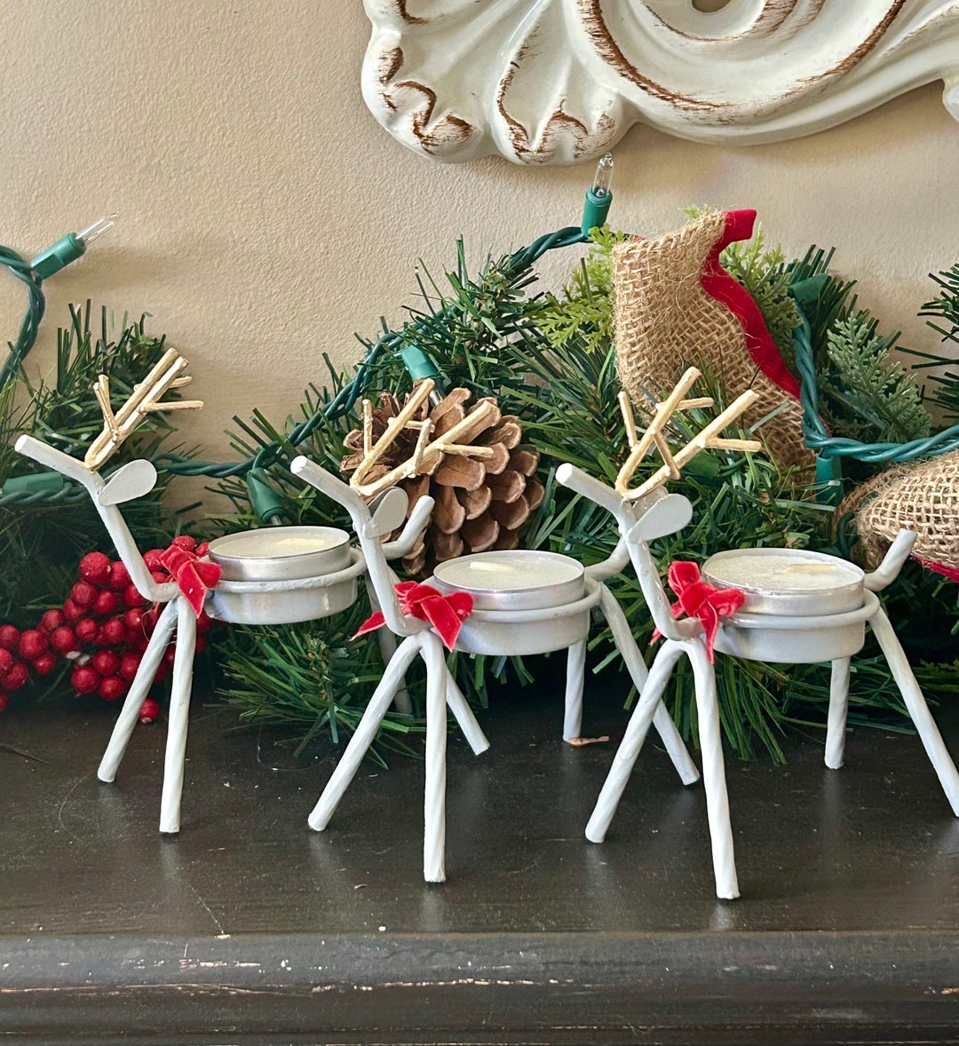 Three Christmas Reindeer Tea Light Candle Holders - Etsy