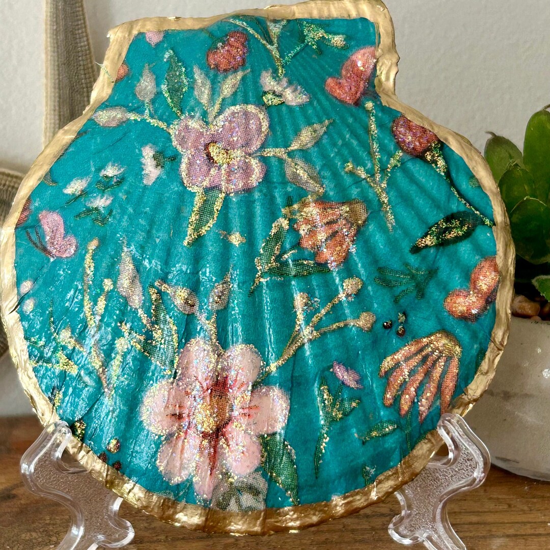 Large Hand Decorated Floral Decoupage Painted Scallop Shell Gift ...