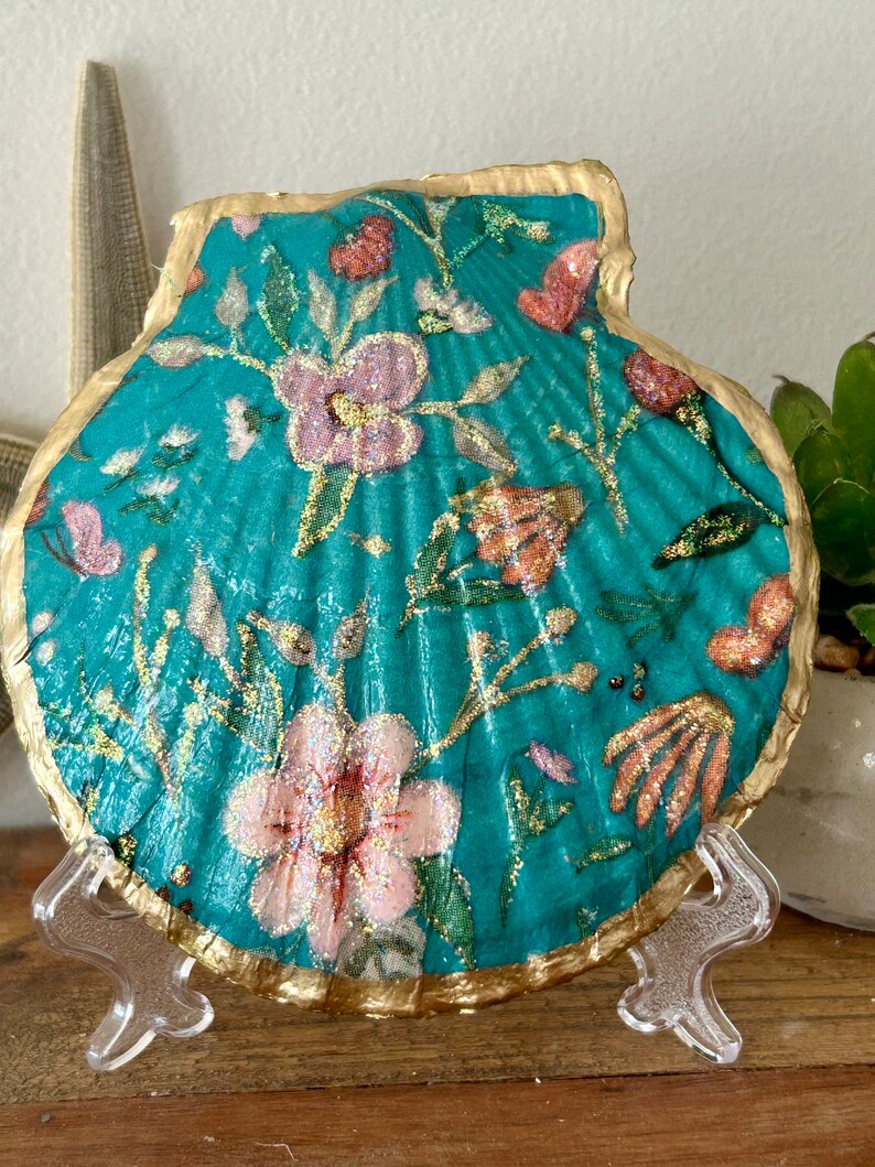 Large Hand Decorated Floral Decoupage Painted Scallop Shell Gift ...
