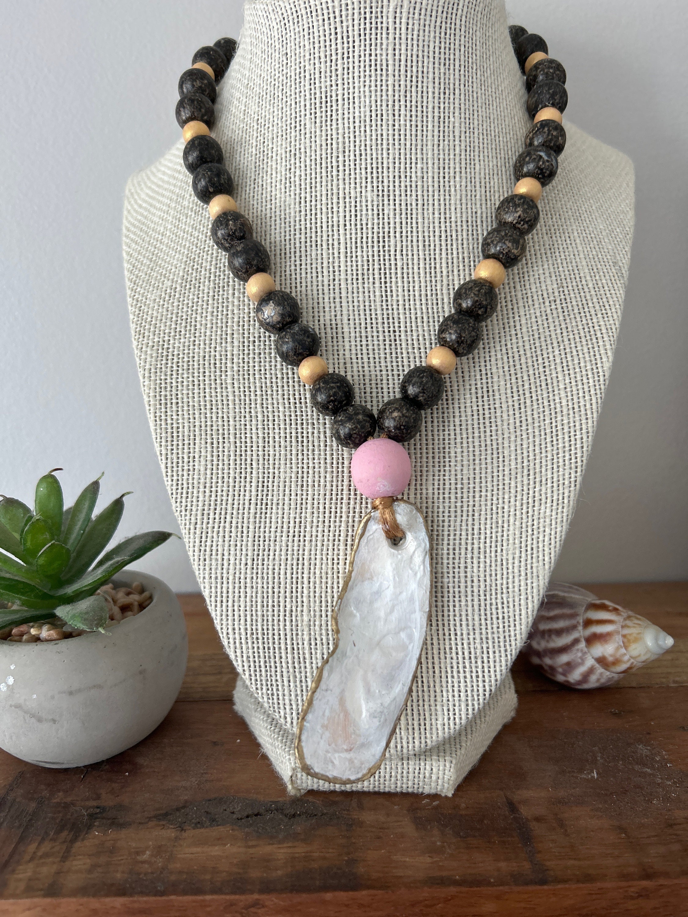 Unique Handmade Decorated Oyster Shell Pendant Statement Necklace ...
