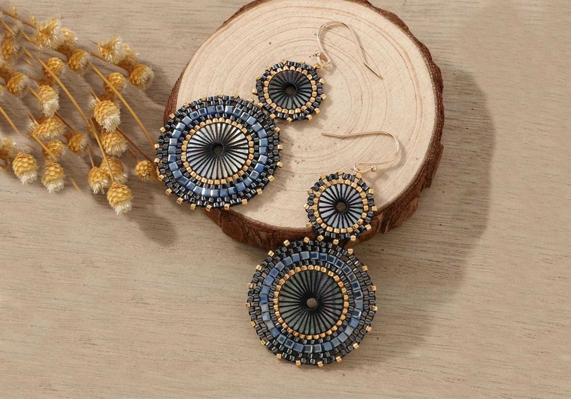 Beaded Navy Blue and Gold Dangle and Drop Earrings - Etsy