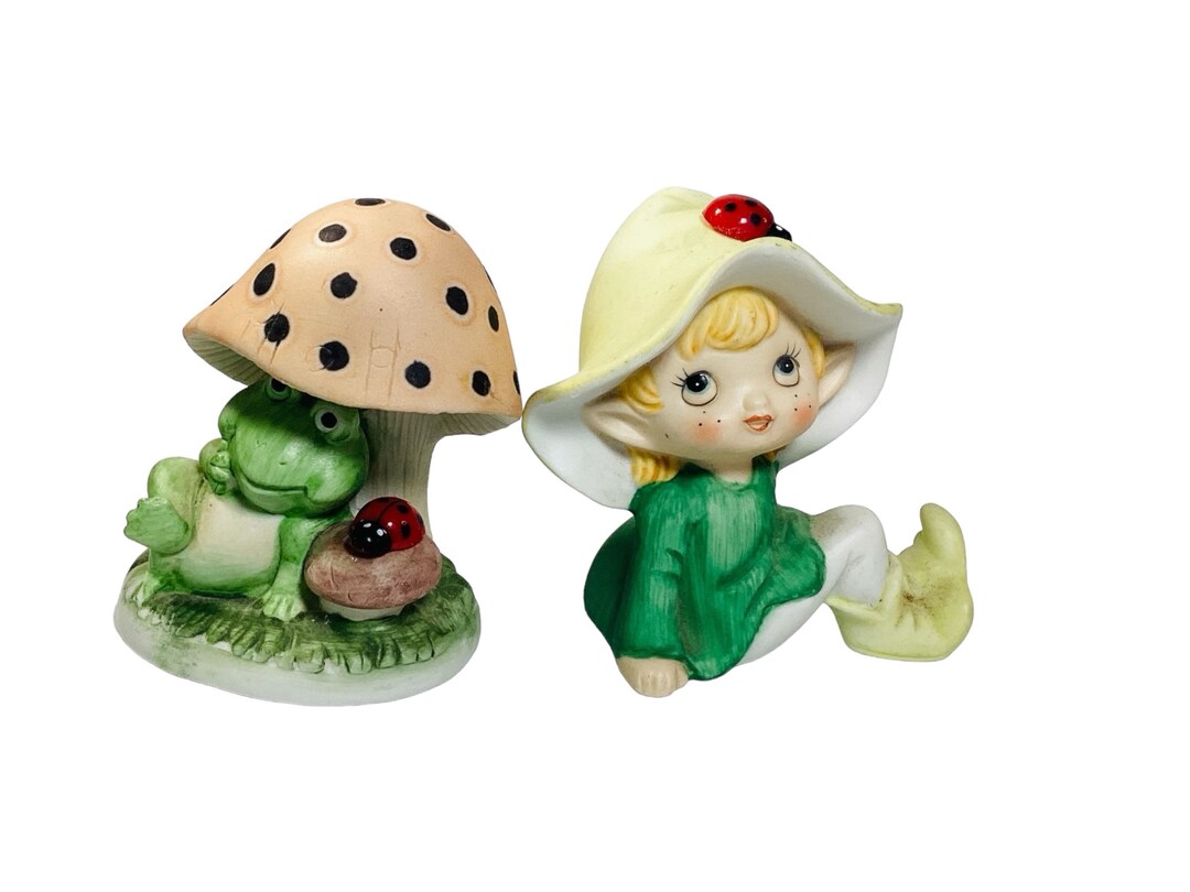 Homco Elf /frog With Mushroom & Lady Bugs Porcelain Figurines - Etsy