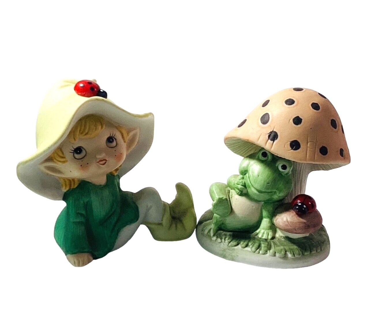 Homco Elf /frog With Mushroom & Lady Bugs Porcelain Figurines - Etsy
