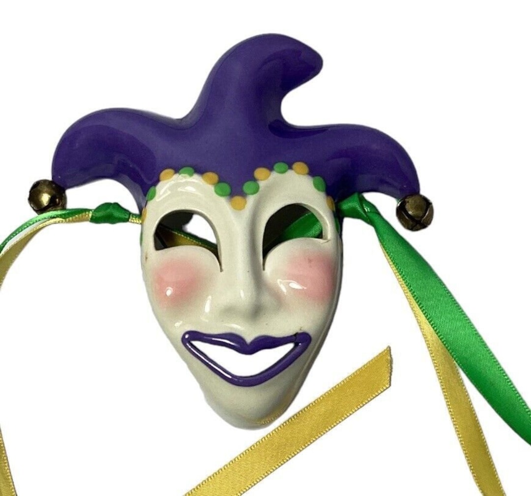 Mardi Gras Mask Purple & Green and Yellow Ribbons Bells Signed - Etsy