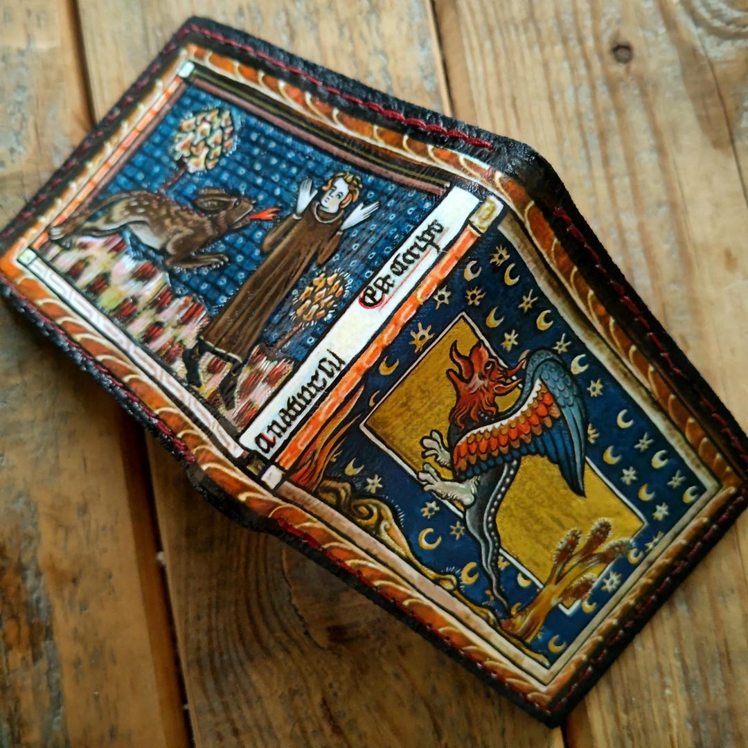 Marginalia Medieval Monk, Rabbit and Dragon - Leather Wallet- Leather ...