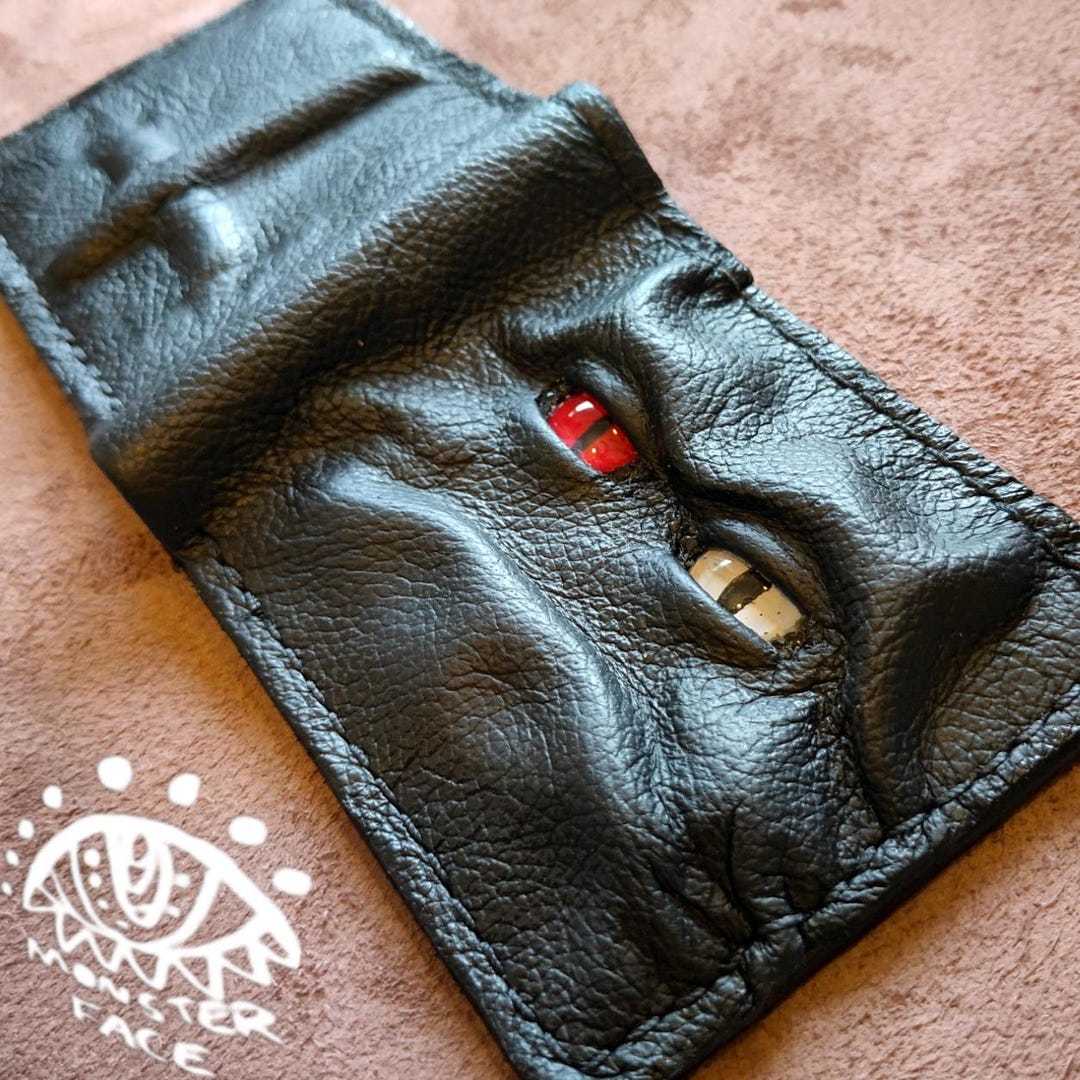Grumpy Red White Eyed Horned Monster Face - Demon Eyes - Leather Wallet ...
