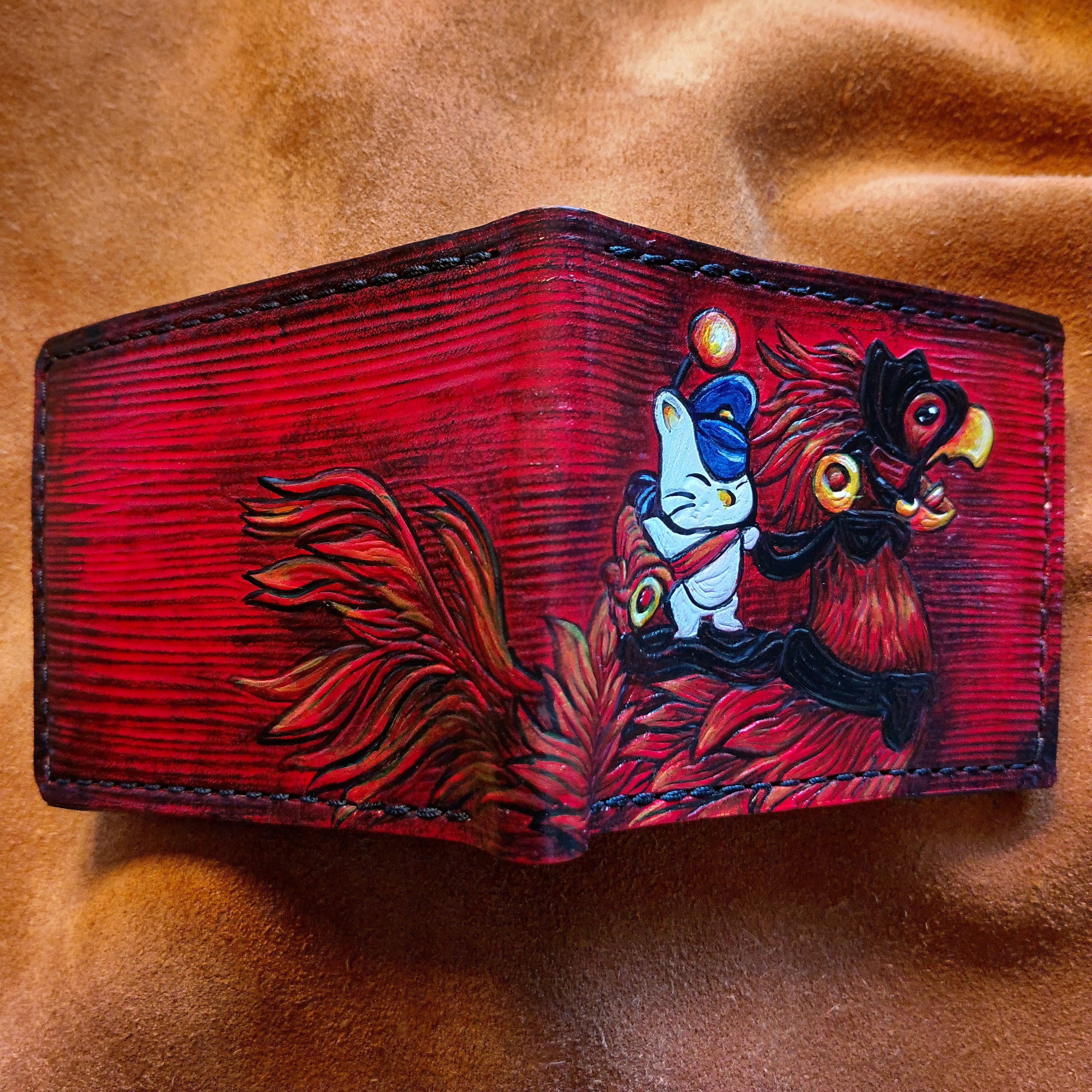 FF14 Red Chocobo and Moogle Rider - Dark Brown Leather Bifold Wallet ...