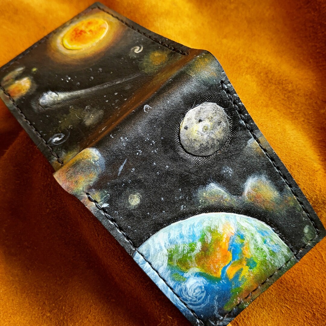 Outer Space - Earth - Sun - Moon -leather Bifold Wallet - Handcrafted ...