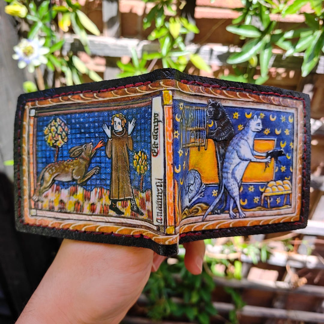 Marginalia Medieval Cats and Monk and Rabbit- Leather Wallet- Dark ...
