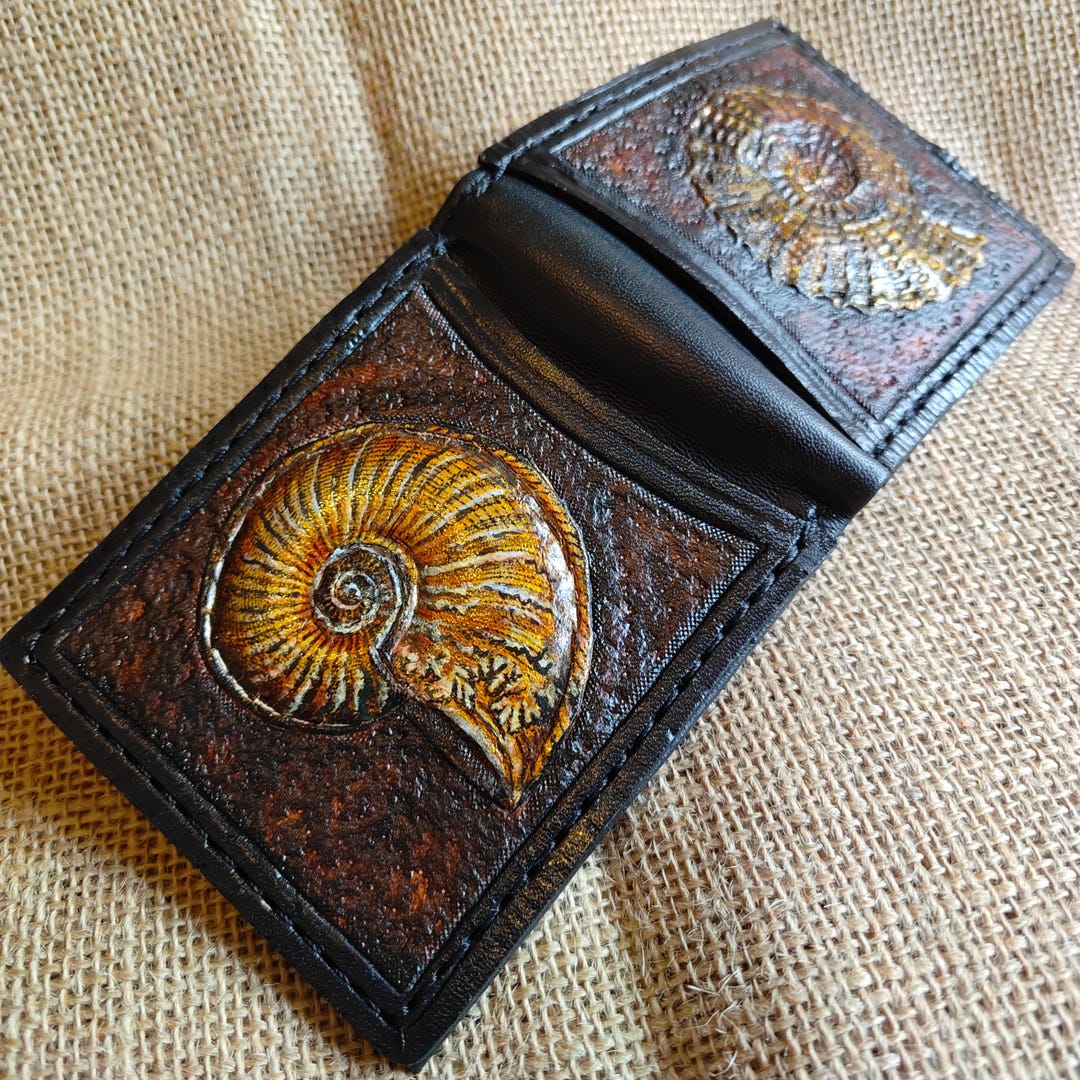 Ammonite Fossil - Leather Bifold Wallet - You Choose Metallic Gold ...