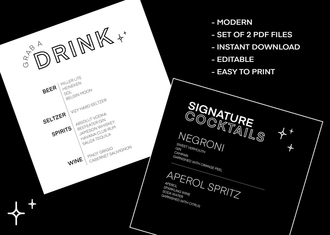 Modern Wedding Bar Signs (set of 2) | Instant Download PDF | Signature ...