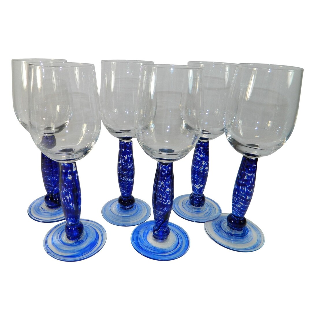 Denby Cobalt Blue Storm Set of 6 Handblown Blue & Clear Glass Wine ...