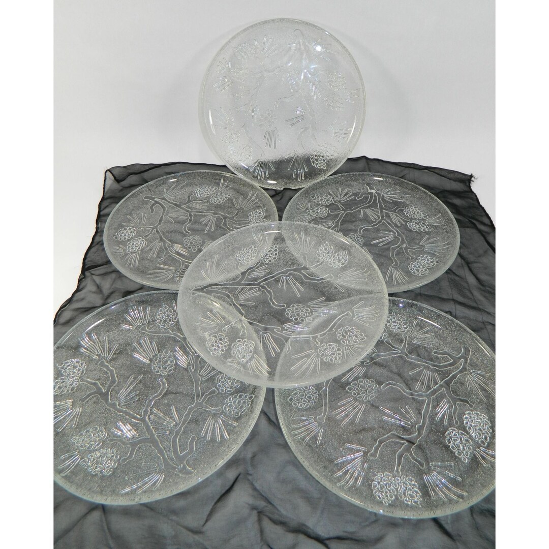 Tiara Indiana Glass Ponderosa Pine Cone Tree Vtg Salad Luncheon Plates ...