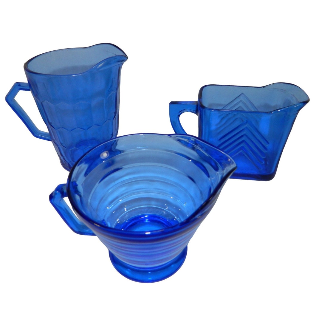 Vintage Blue Depression Glass Pitcher Creamer Collection Cobalt Blue ...