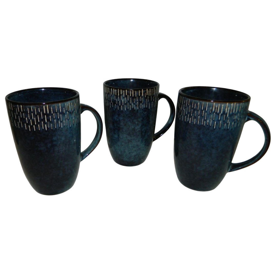 Meritage Blue Ceramic Tall Coffee Mugs 22oz Embossed Pattern Design Set ...