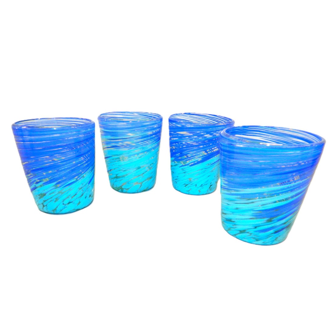 Cobalt Blue Turquoise Swirl Glass Tumblers Water Glasses Set of 4 Hand ...