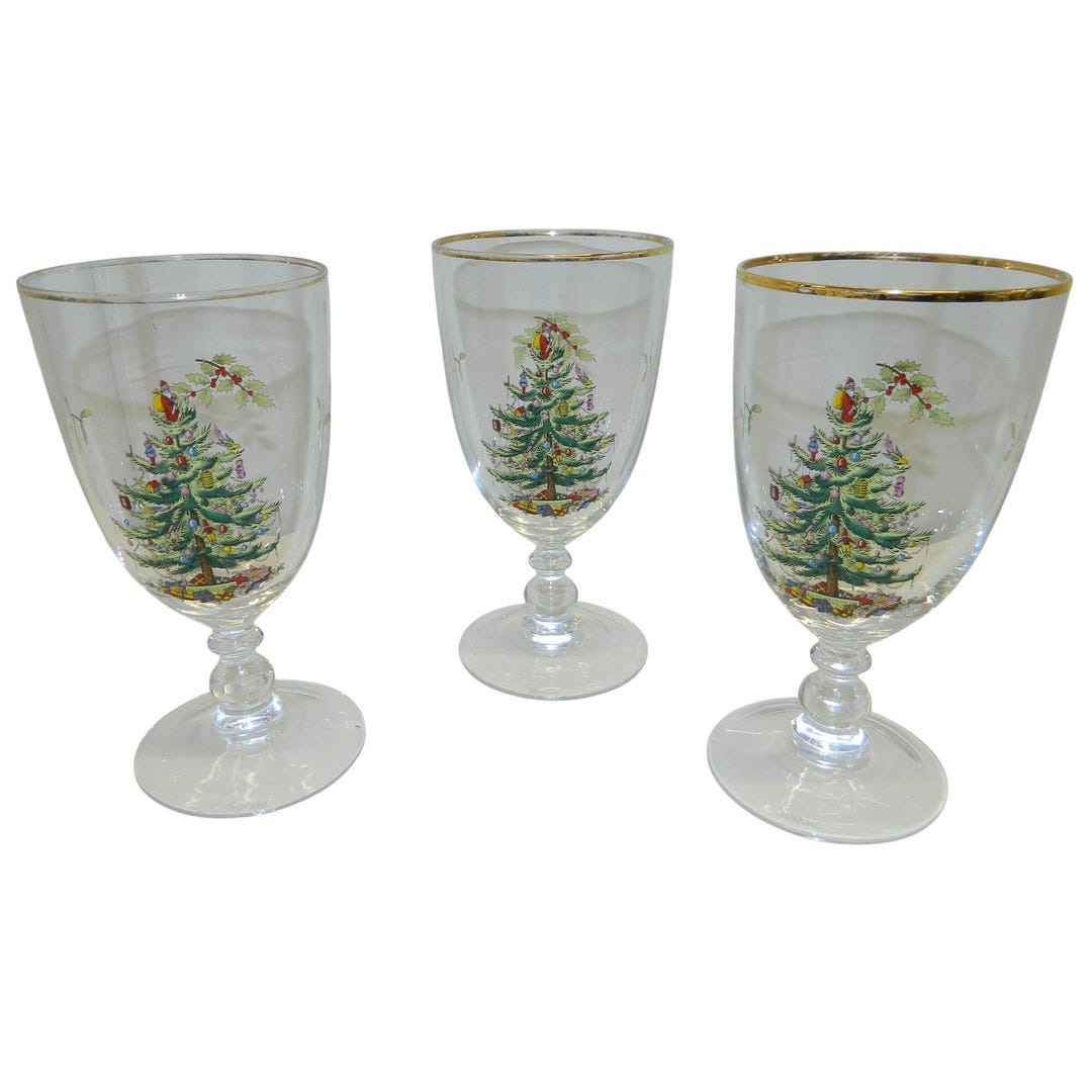 Vintage Spode Christmas Tree Goblets: Gold Rim Holiday Glasses, Set of ...