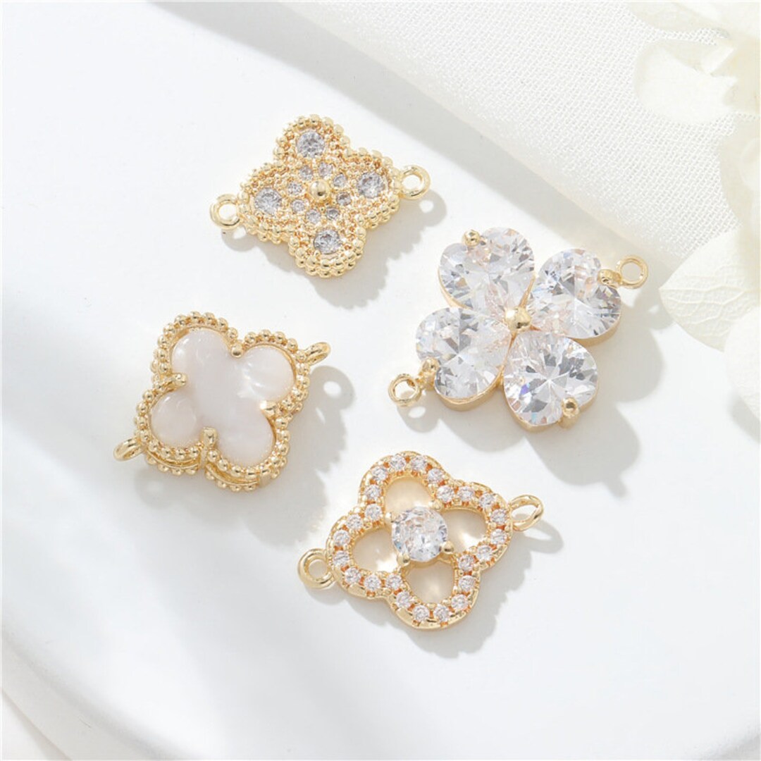 2 Tiny Double Looped Four Leaf Clover Charm Connector CZ Crystal ...