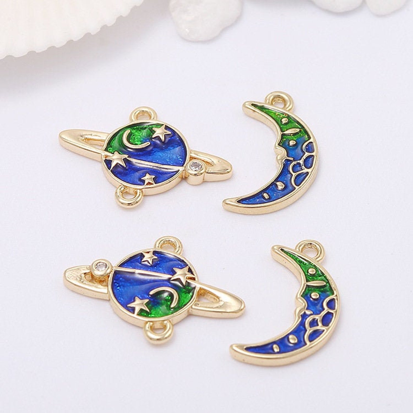 2 Tiny Enamel Planet Moon Charm Pendant Rhinestone - Etsy