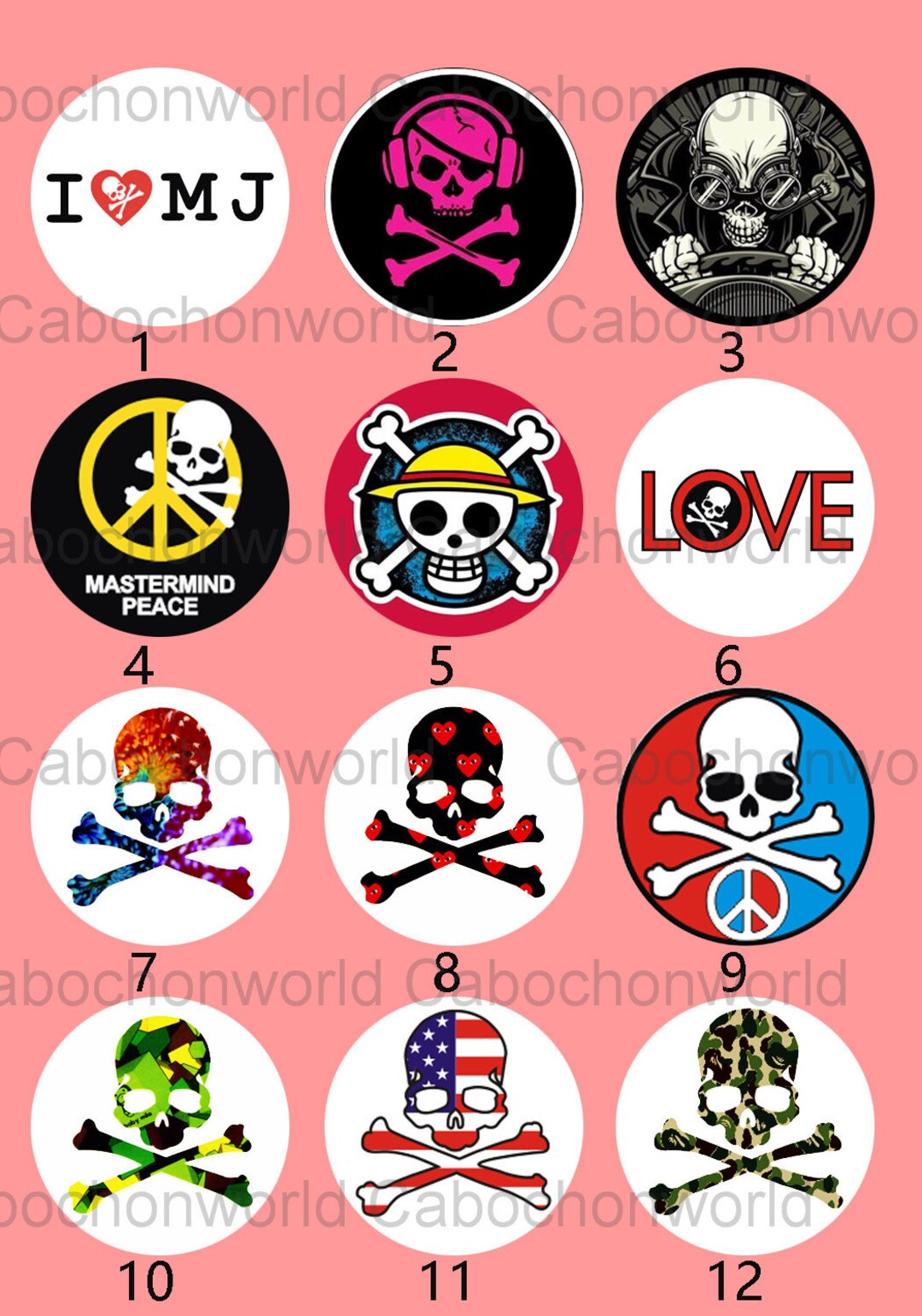 Punk Style Skull Cabochon Collection Circle Photo Glass Round Dome Flat ...
