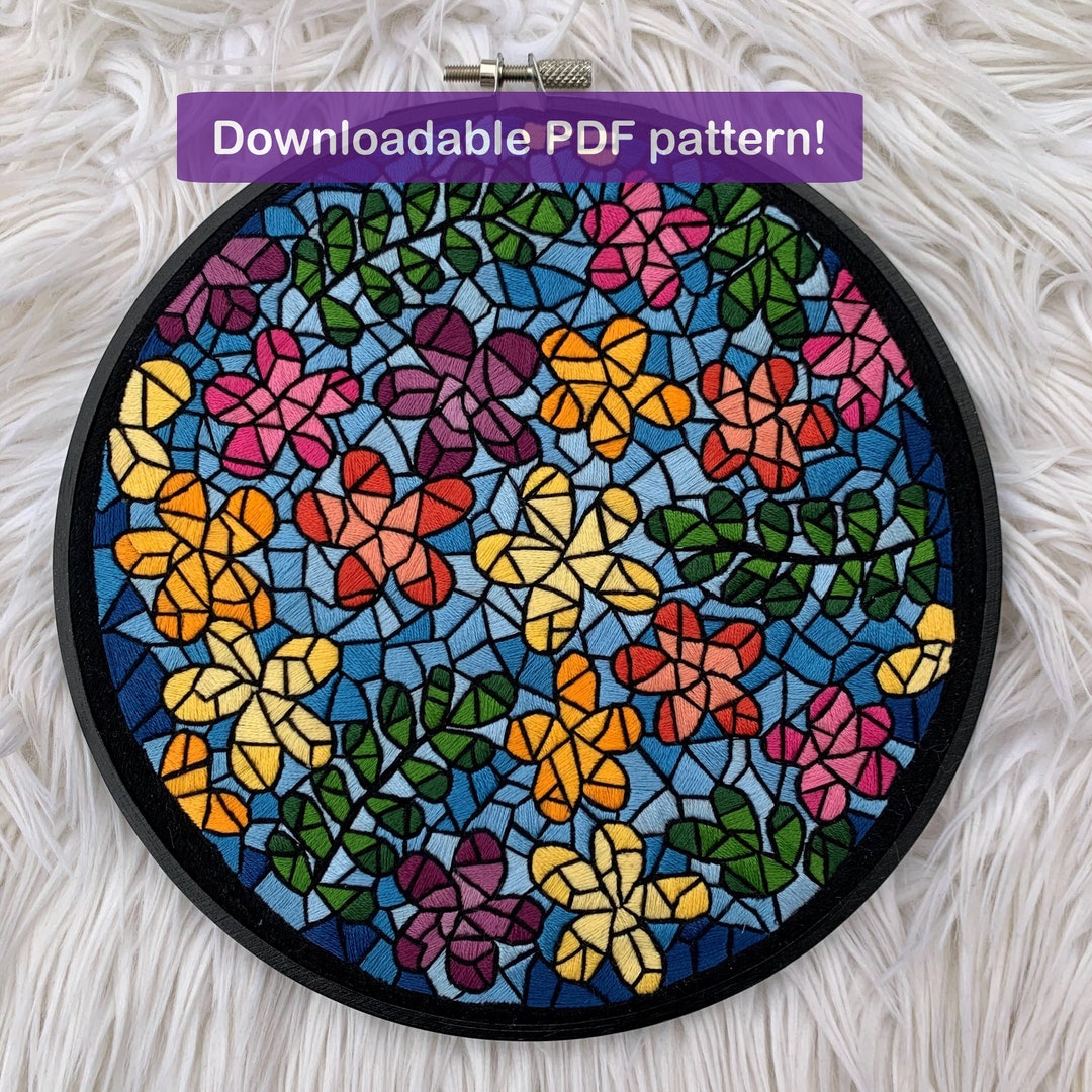 Floral Stained Glass Hand Embroidery Design - Colorful Flowers PDF ...