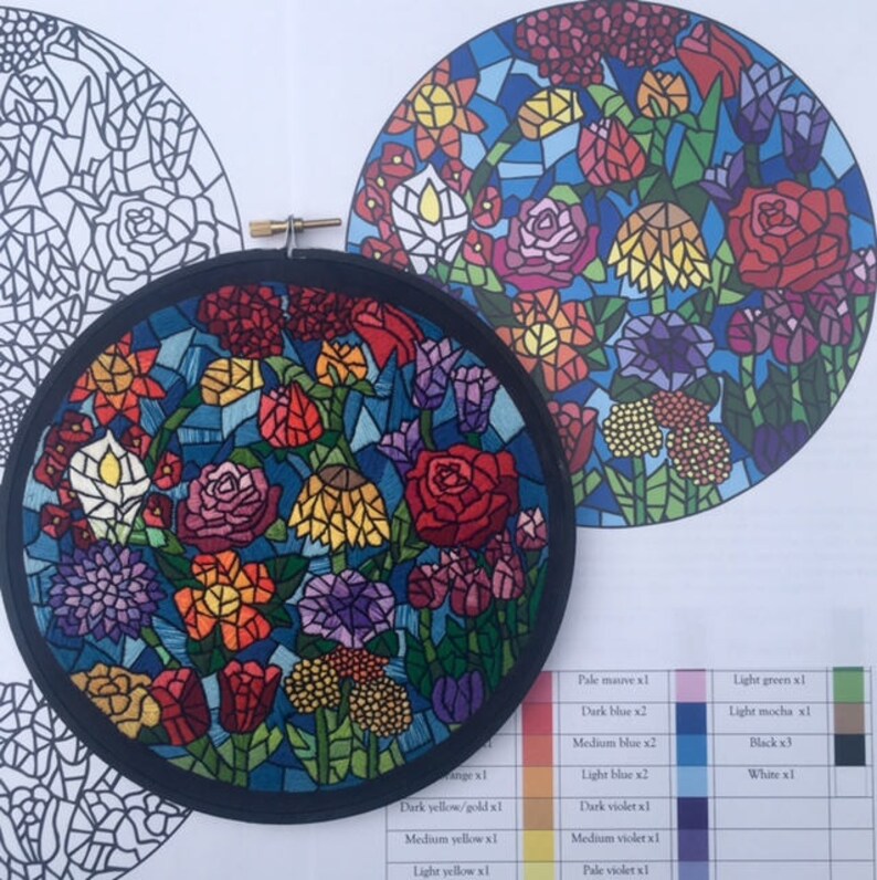 Floral Stained Glass Hand Embroidery Pattern Downloadable | Etsy