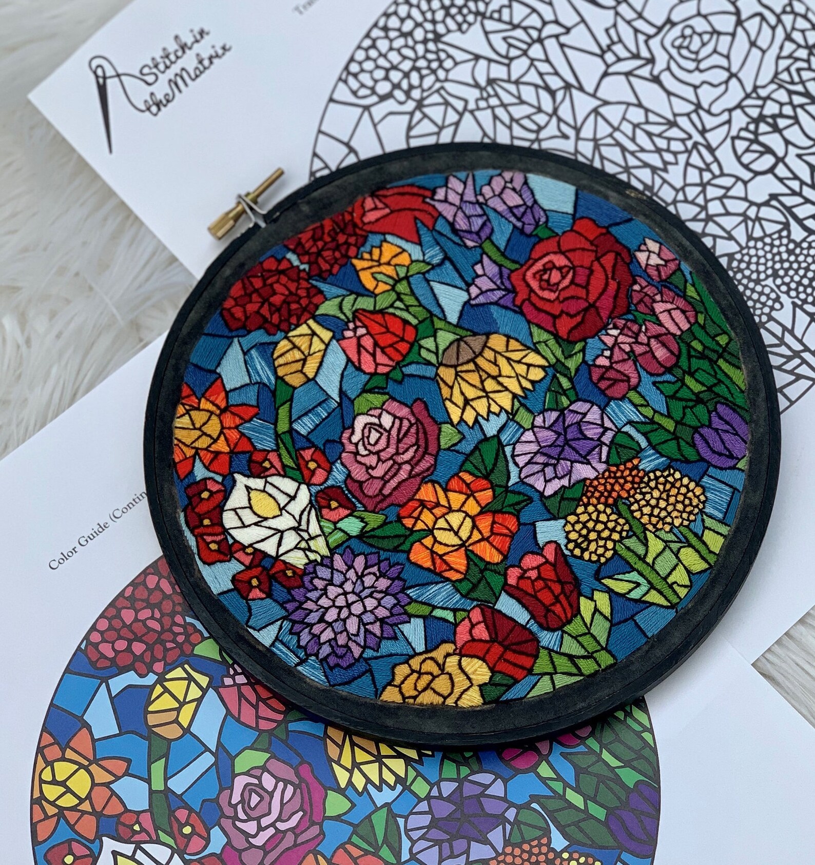 Floral Stained Glass Hand Embroidery Pattern: Colorful Flowers (PDF ...