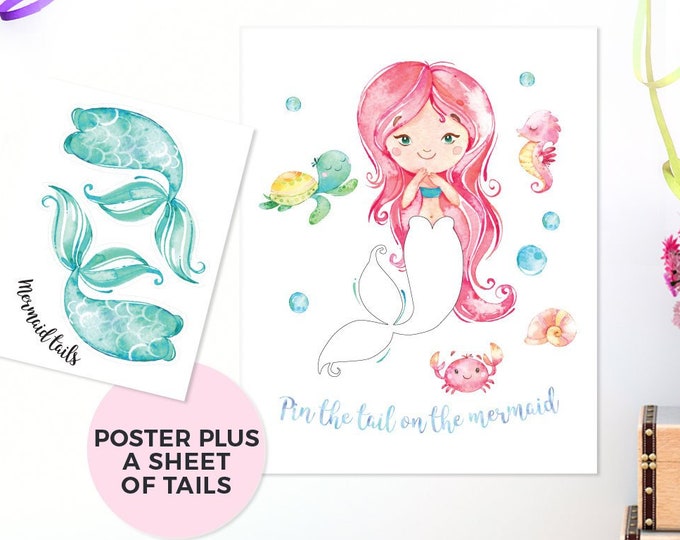 Pin the Tail on the Mermaid Game Printable, Mermaid Party Games, Pool ...