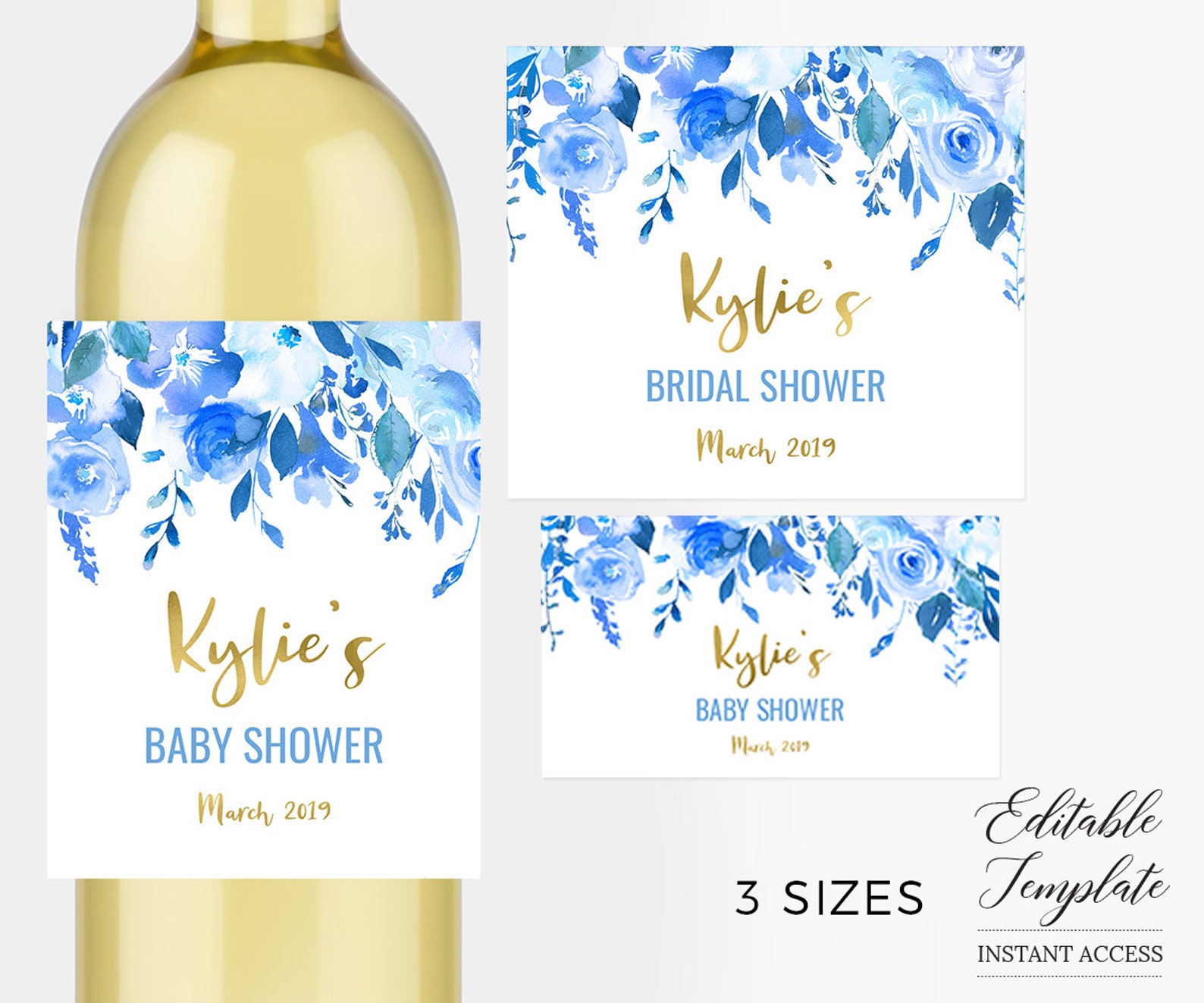 Blue Floral Wine Label Printable. Mini Champagne Label | Etsy