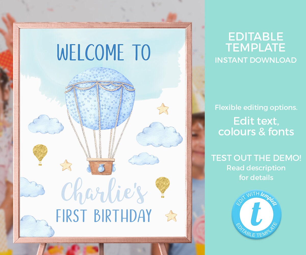 Hot Air Balloon Tag TEMPLATE Blue Thank You Tag EDITABLE - Etsy Australia