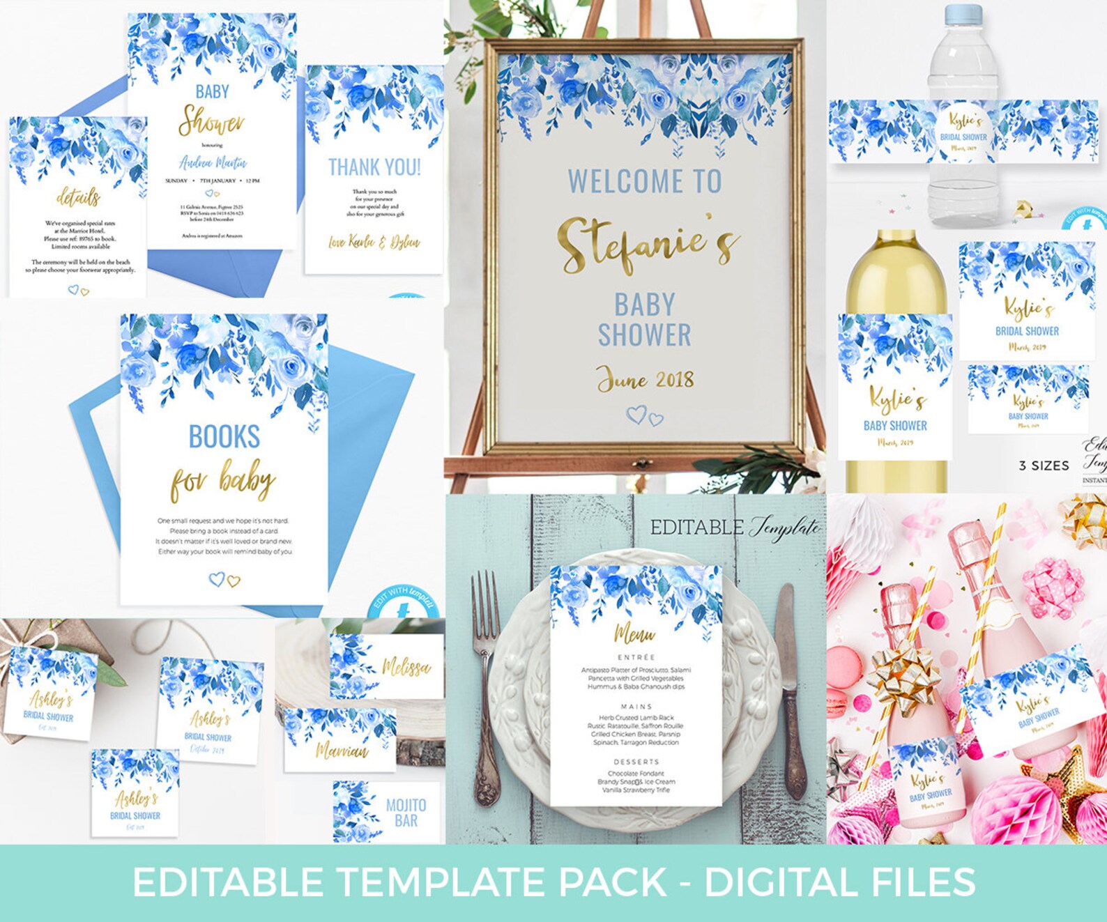 Blue Floral Baby Shower PRINTABLE Christening Decor Pack Boy | Etsy