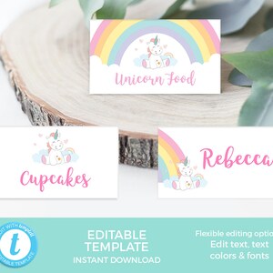 Unicorn Food Labels TEMPLATE, Unicorn Place Cards EDITABLE, Table Cards ...
