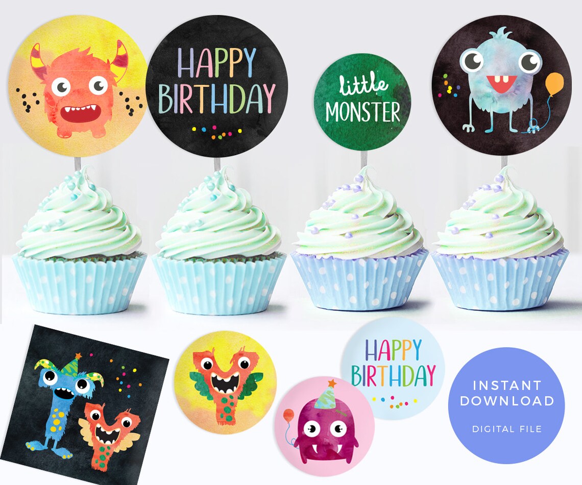 Monster Cupcake Toppers Monster Labels Printable Cupcake | Etsy