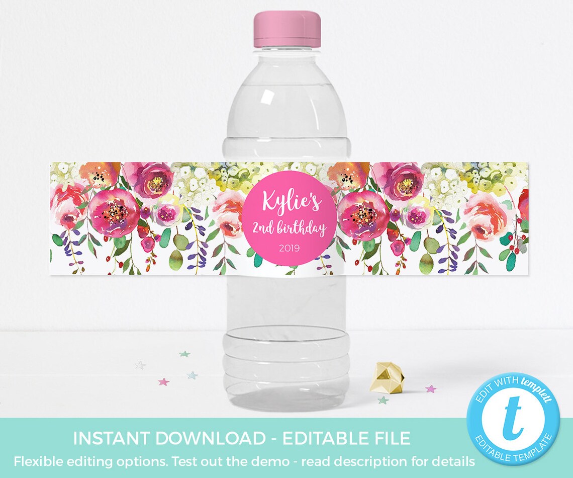 Floral Water bottle Label EDITABLE Template Spring Baby | Etsy
