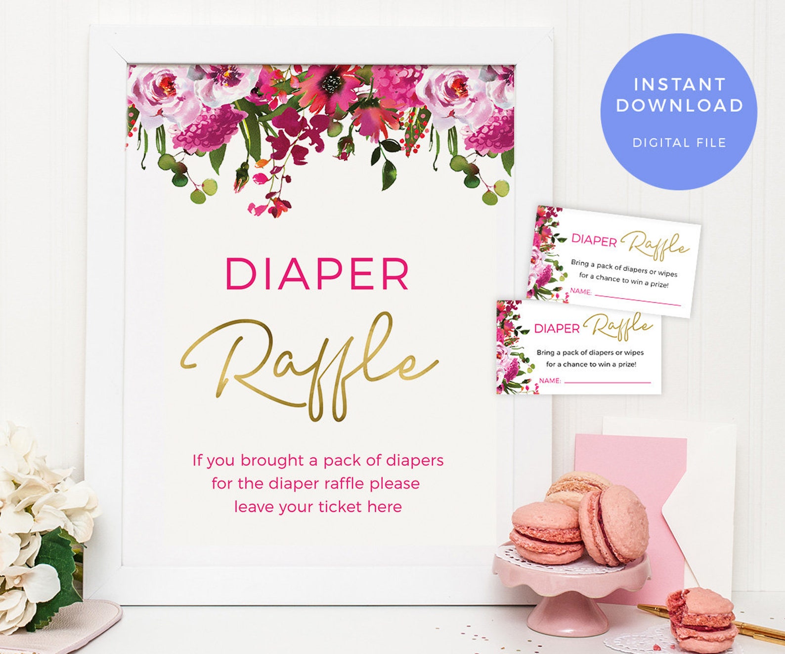 Bright Pink Diaper Raffle Sign & Diaper Raffle Tickets INSTANT | Etsy