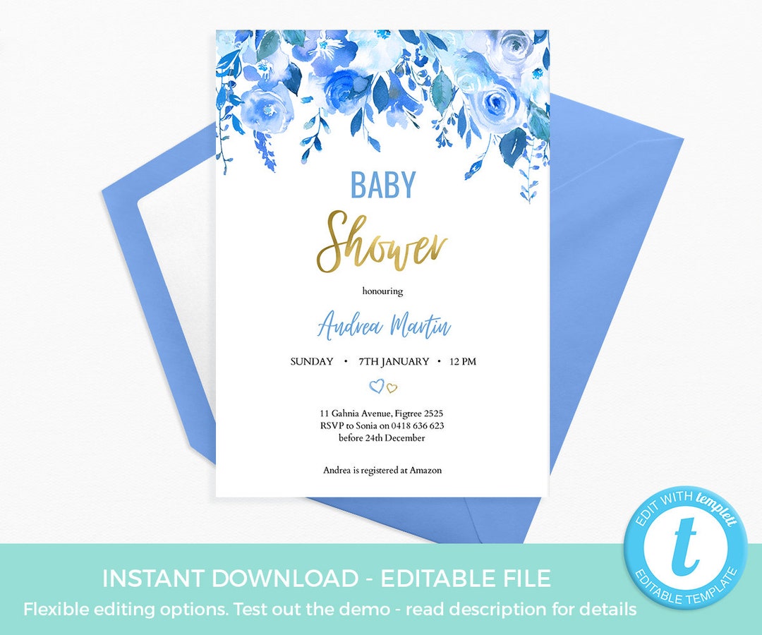 Blue Floral Baby Shower Invitation TEMPLATE EDITABLE Blue - Etsy
