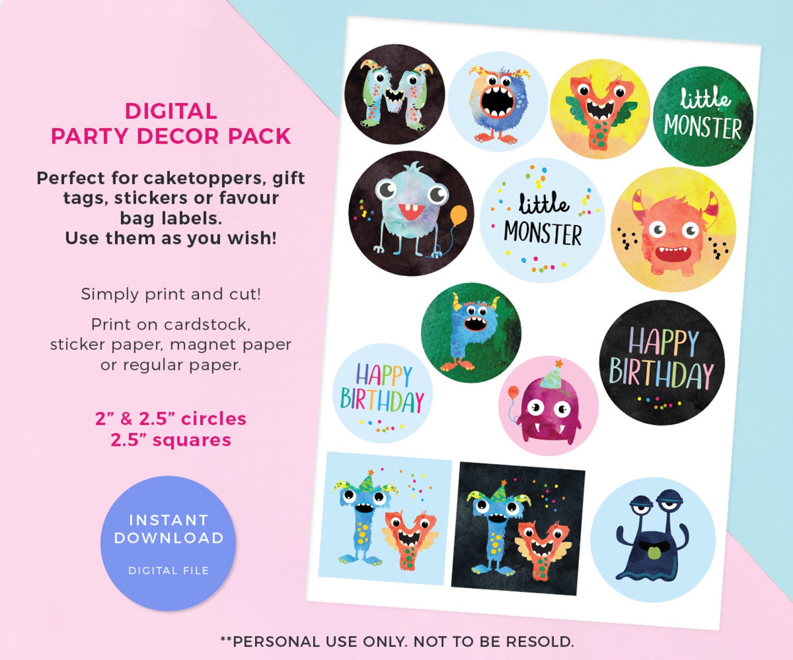 Monster Cupcake Toppers Monster Labels Printable Cupcake - Etsy