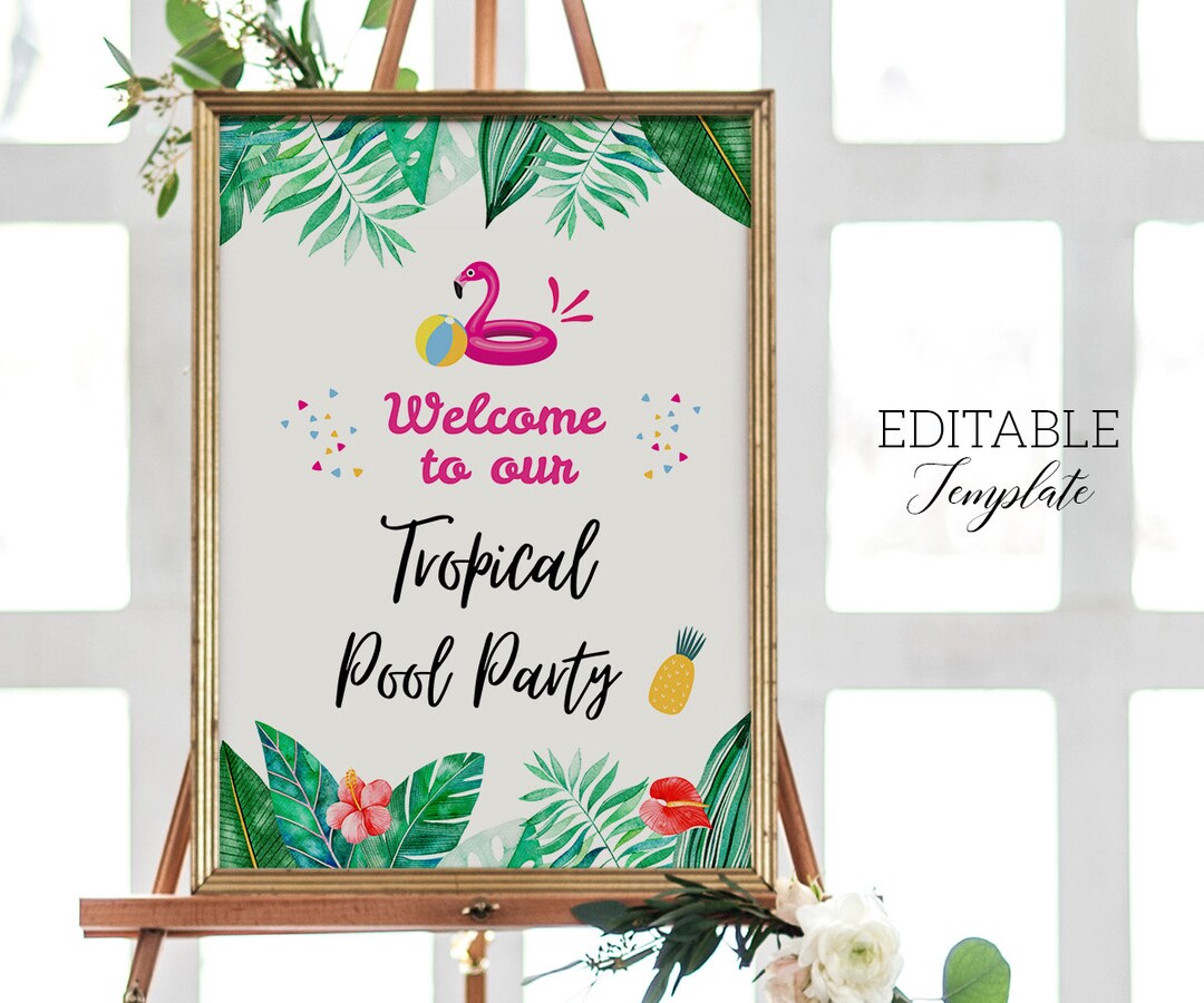 Tropical Party Sign TEMPLATE Pool Party Sign EDITABLE Summer Birthday ...