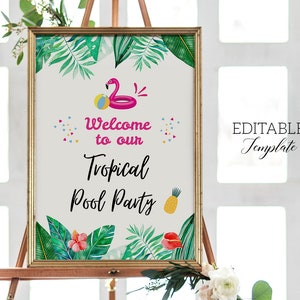 Tropical Party Sign TEMPLATE Pool Party Sign EDITABLE Summer Birthday ...