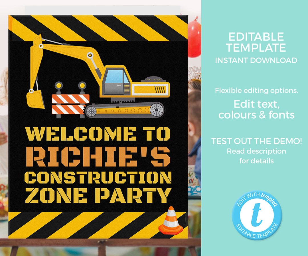 Construction Party Welcome Sign EDITABLE Template - Etsy