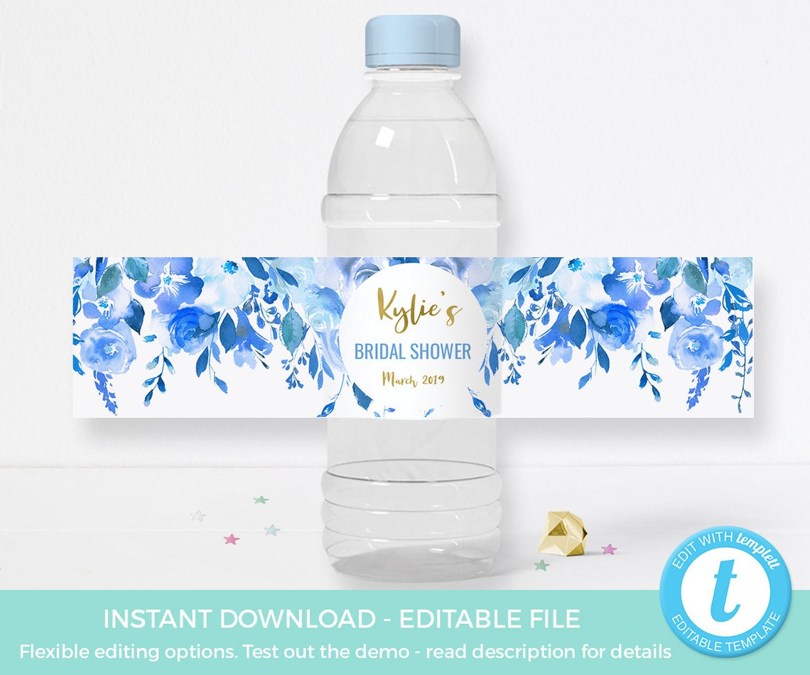 Blue Floral Bottle Labels TEMPLATE Blue Water Bottle Labels - Etsy