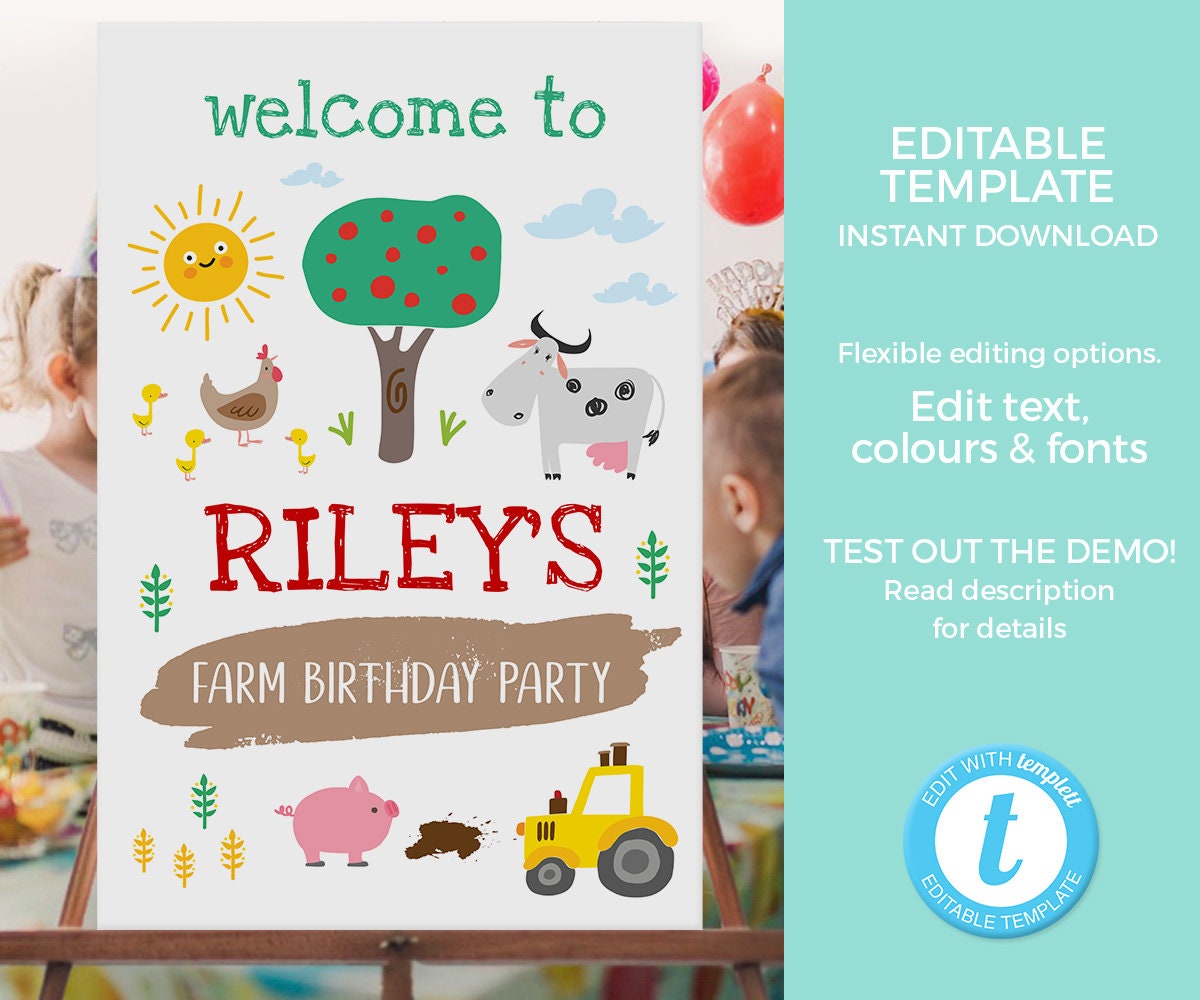 Paper Editable Farm Poster Template Instant Download Welcome Party Sign ...