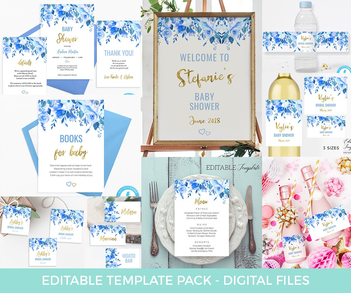 Blue Floral Wine Label Printable. Mini Champagne Label | Etsy