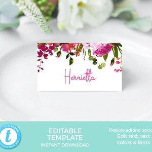 Bright Pink Place Cards Template, Floral Food Labels EDITABLE Name Card ...