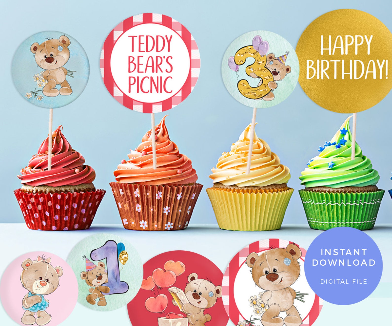 Picnic Cupcake Toppers Picnic Labels Printable Teddy Bears - Etsy